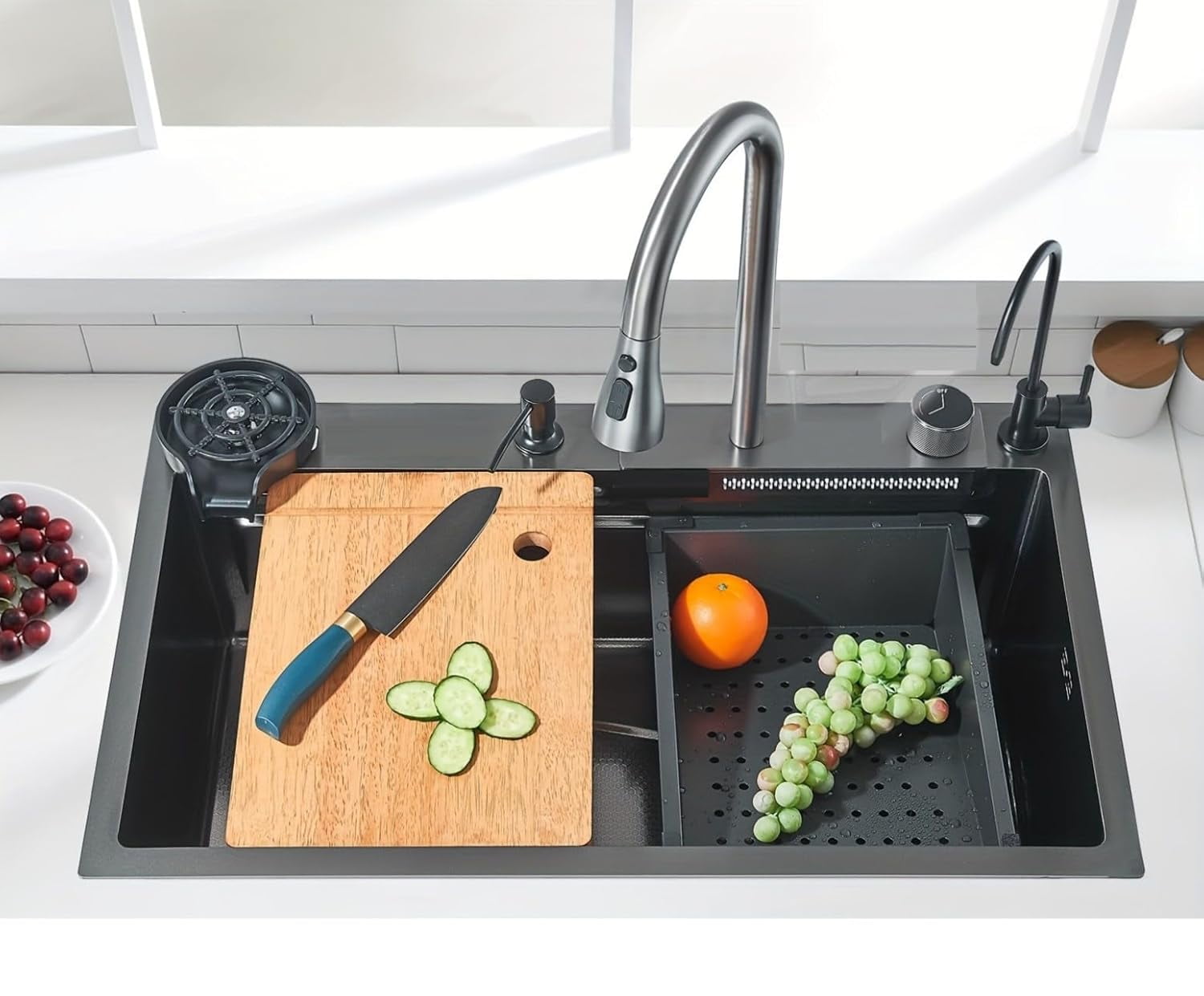 AVIER 304 Grade Stainless Steel Kitchen Sink 30x18x9 with Honeycomb Design Integrated Waterfall ...