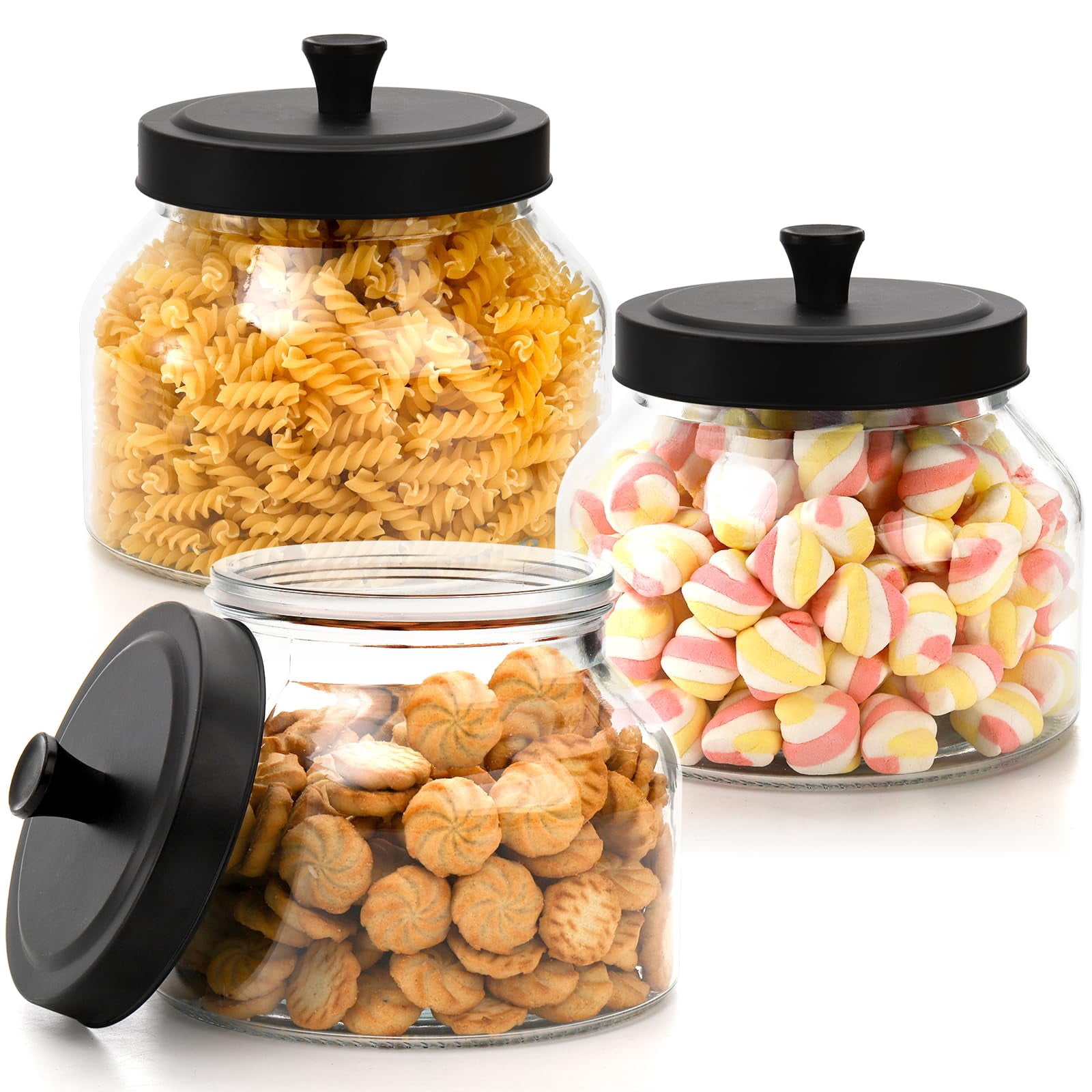 AVLA 3 Pack Glass Jars with Metal Lid, 58 OZ Clear Round Cookie Candy ...
