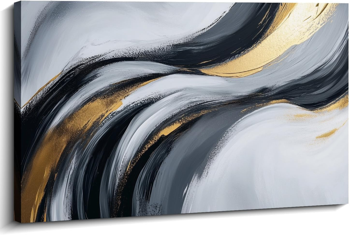 AVOI Abstract Canvas Wall Art - Black and Gold Brush-Strokes Picture ...