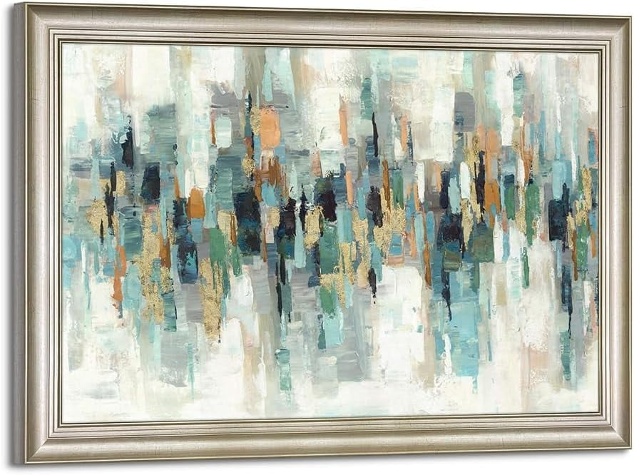 AVOI Abstract Framed Canvas Wall Art: Modern Teal Gold Painting Heavy ...