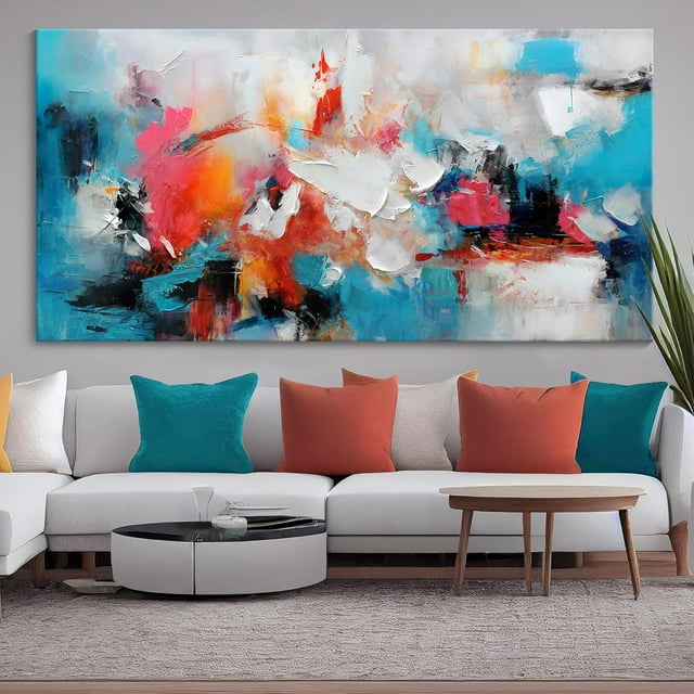 AVOI Abstract Wall Art Canvas Hand-Painted Art in Blue and Pink Office ...