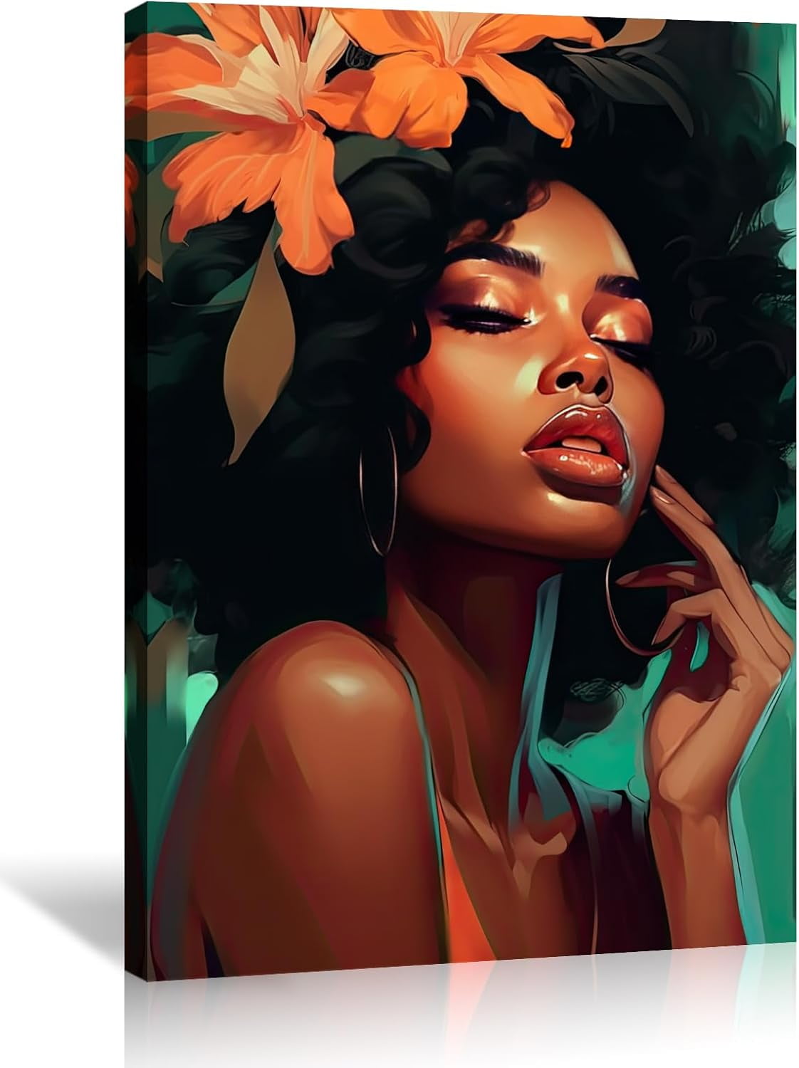 AVOI African American Canvas Wall Art Black Women and Orange Flowers Picture Print Girl Portrait ...