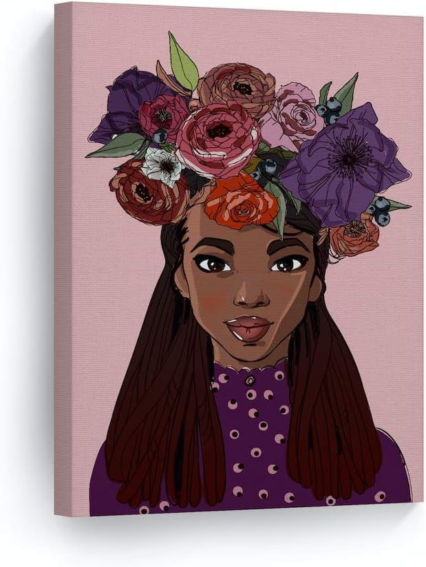 AVOI African American Girl Illustrator Pink Background Canvas Print Purple Flower Crown Afro ...
