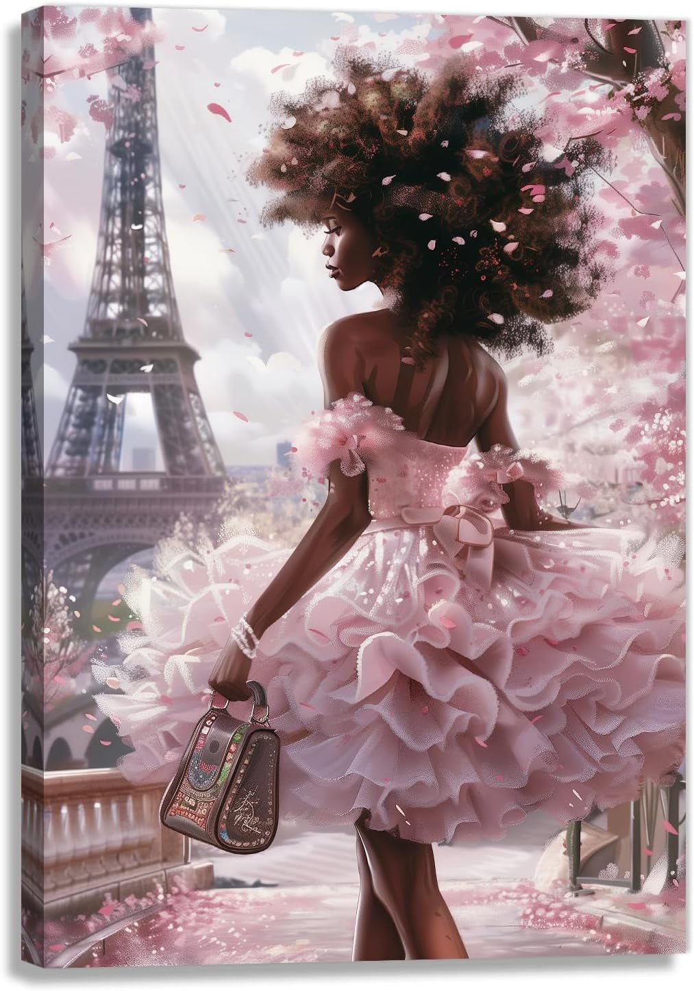 AVOI African American Wall Art Black Girl Canvas Print Black Women With Eiffel Tower Pink ...