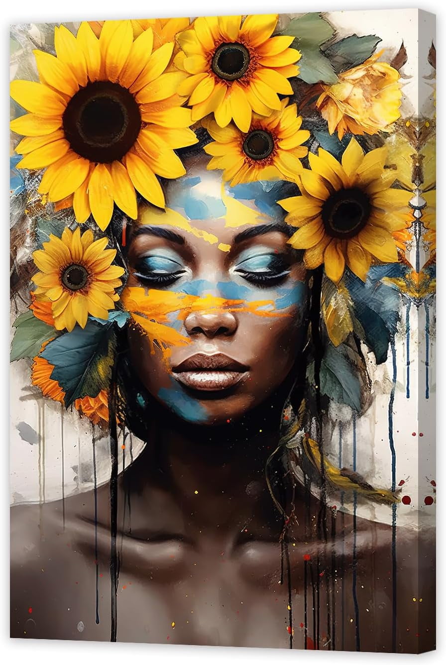 AVOI African American Woman Wall Art Abstract Black Women Painting Canvas Sunflower with Girl ...