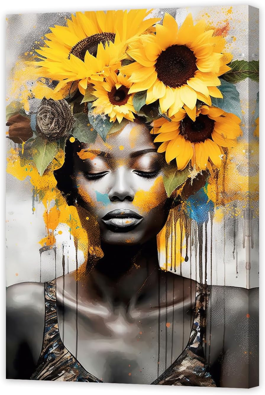 AVOI African American Woman Wall Art Abstract Black Women Painting Canvas Sunflower with Girl ...