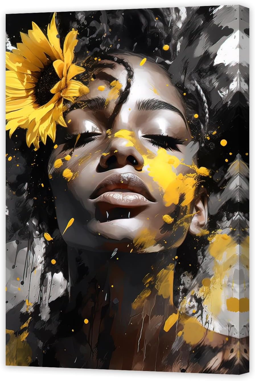 AVOI African American Woman Wall Art Abstract Black Women Painting Canvas Sunflower with Girl ...