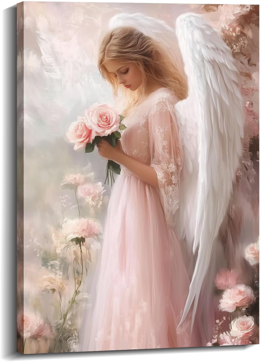 AVOI Angel Canvas Wall Art White Wings Picture Girl with Flower Posters ...