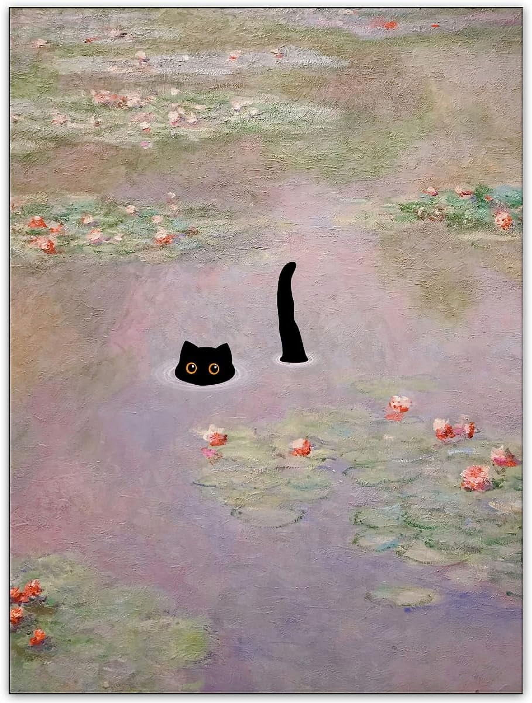 AVOI Black Cat Wall Art Monet Water Lillies Poster Vintage Funny Floral ...
