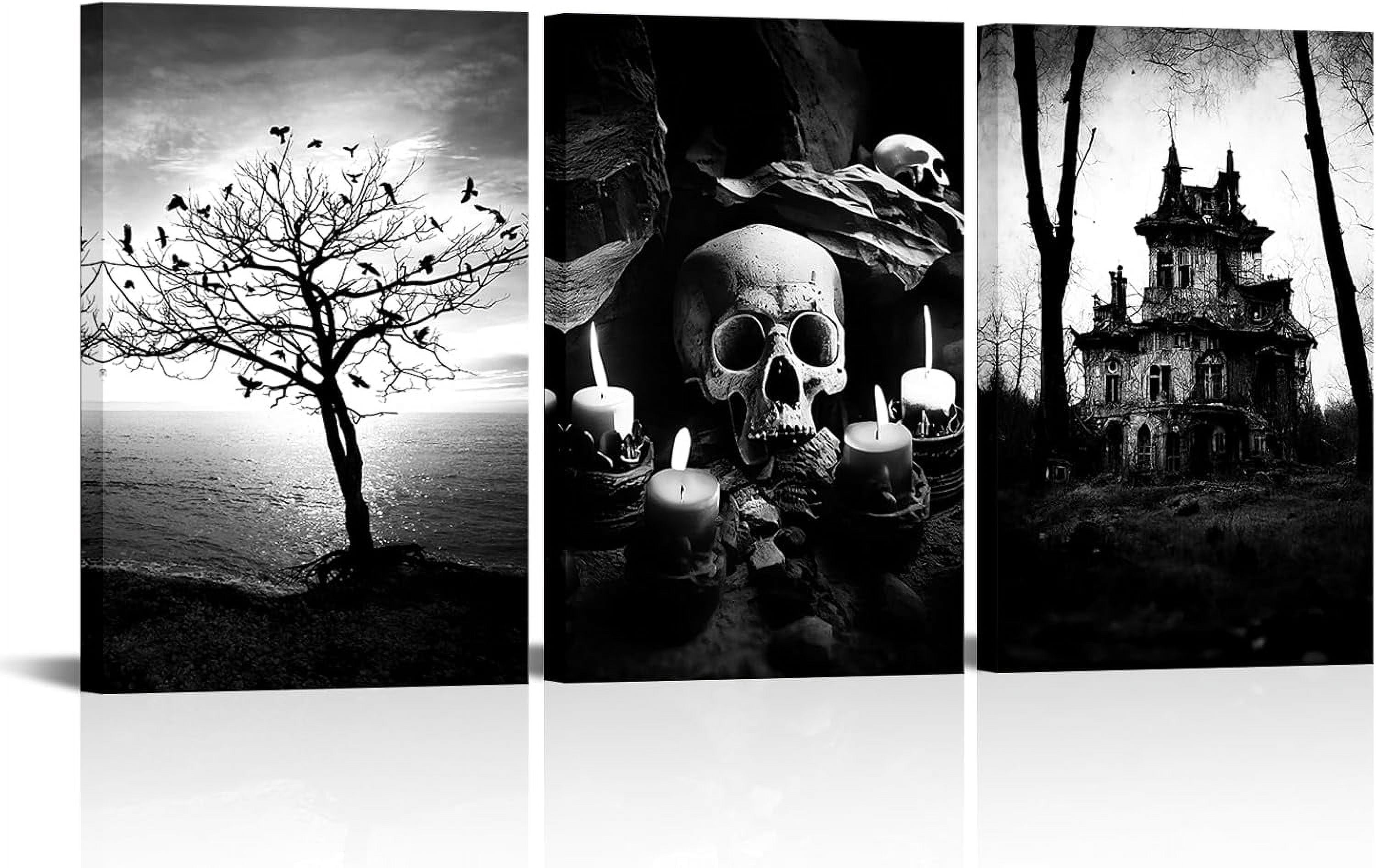 AVOI Black White Gothic Canvas Wall Art Spooky Pictures Dead Skull Crows Painting Print Ancient ...