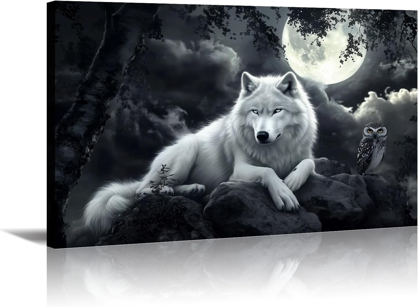 AVOI Black and White Wolf Canvas Art Wall Decor Full Moon Posters Wolf ...