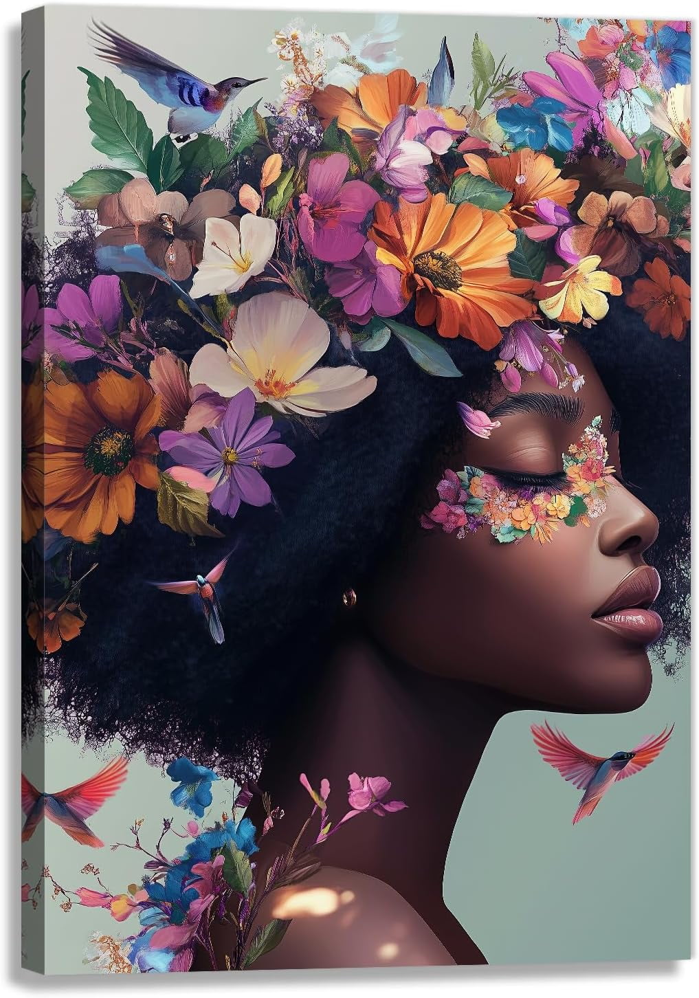 AVOI Black Woman Wall Art Colorful Floral African American Girl Portrait Picture Canvas Print ...