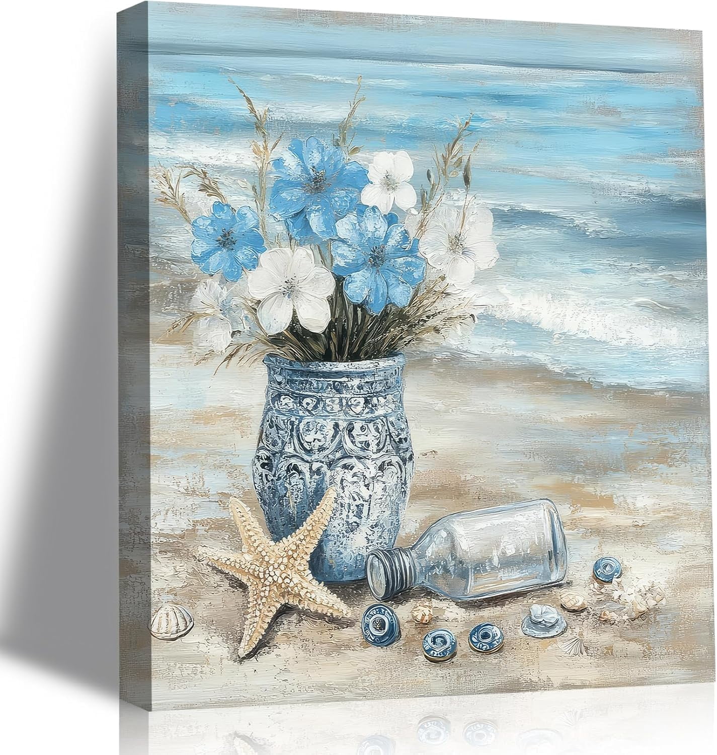 AVOI Blue Beach Wall Art Ocean Theme Floral Print Decor Modern Bathroom ...