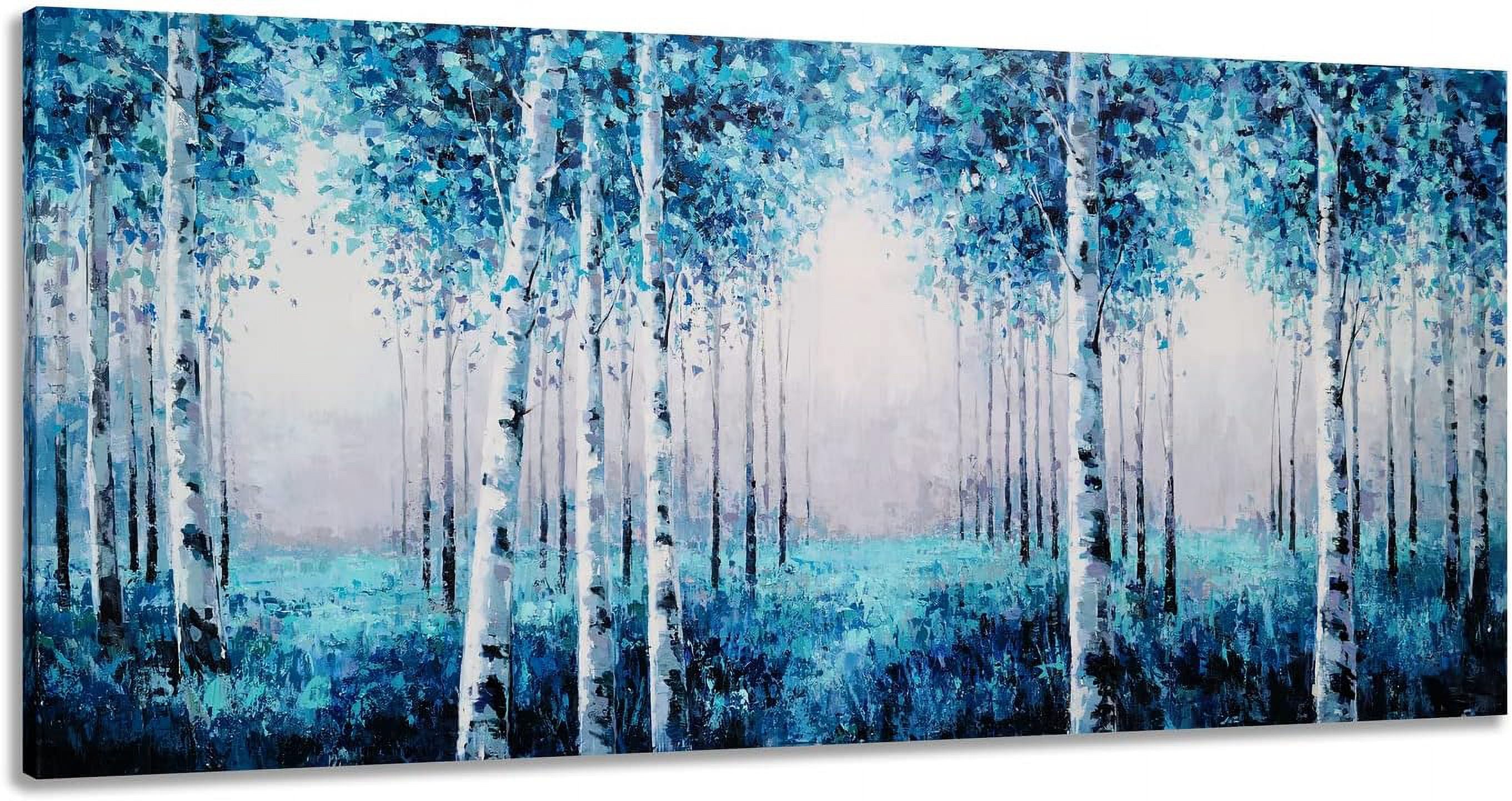 AVOI Blue Forest Canvas Wall Art - Birch Tree Painting with Textured ...