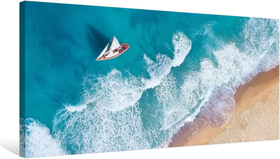 AVOI Blue Ocean Sea Beach Canvas Wall Art Sailboat Painting Print on ...