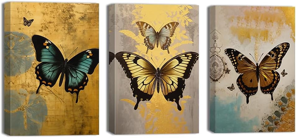 AVOI Butterfly Canvas Wall Art Retro Golden Blue Butterfly Picture ...