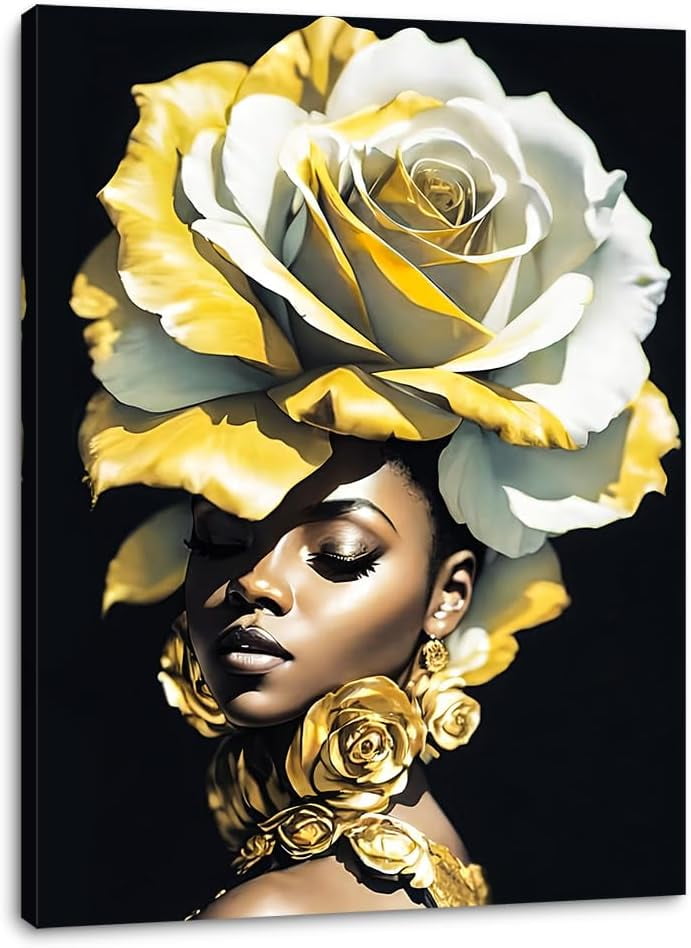 AVOI Canvas Wall Art African American Women Wall Decor Black Woman Yellow Hair Beauty Abstract ...