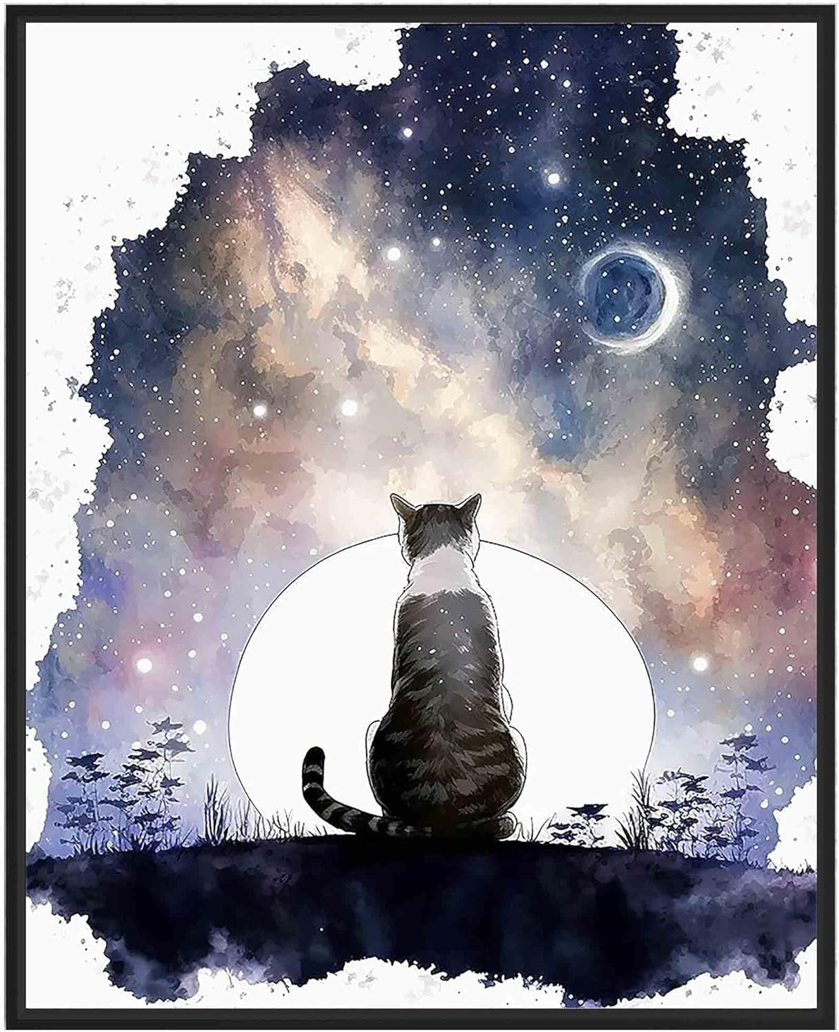 AVOI Cat Looking at the Moon and Star Art Print Poster, Abstract Watercolor Animal Wall Art ...