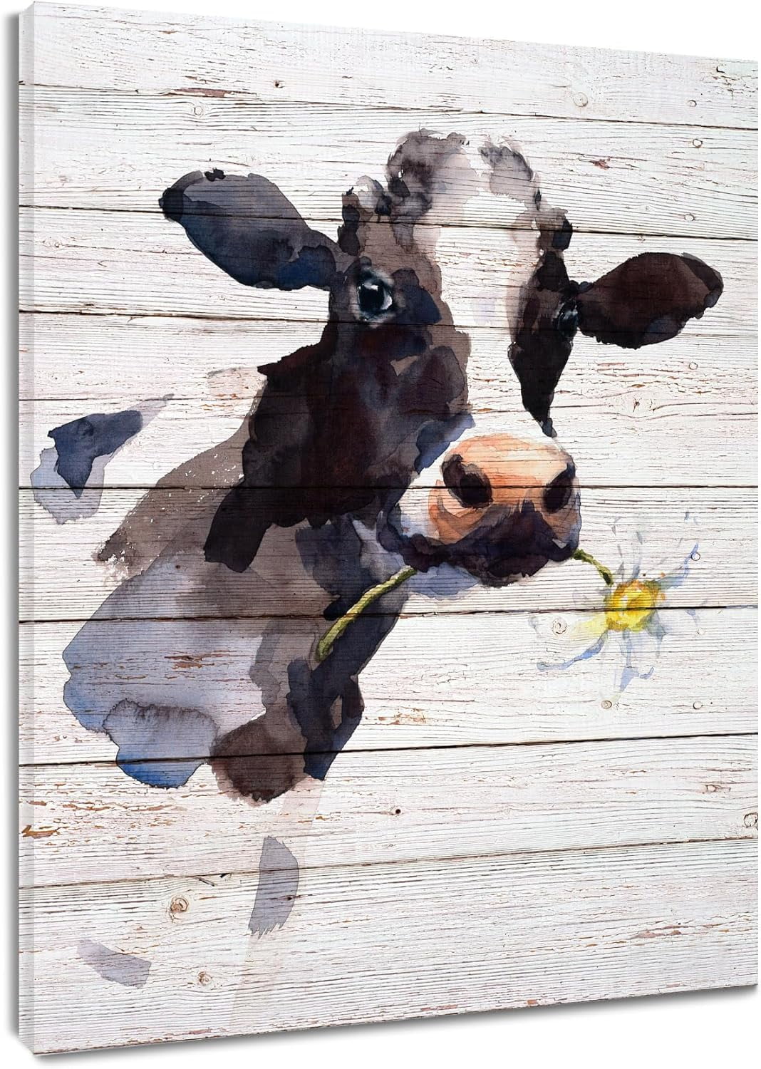 AVOI Cow Wall Art, Farmhouse Cow Daisy Flower with Grey Wood Canvas ...