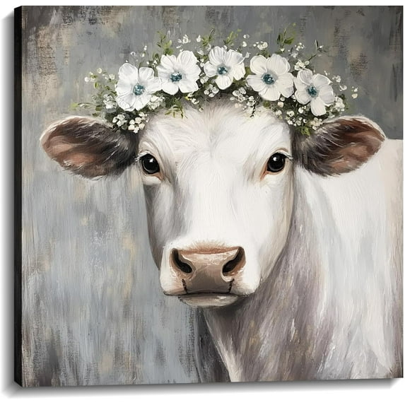 AVOI Cow Wall Decor Canvas Wall Art White Cow with Flower Picture ...