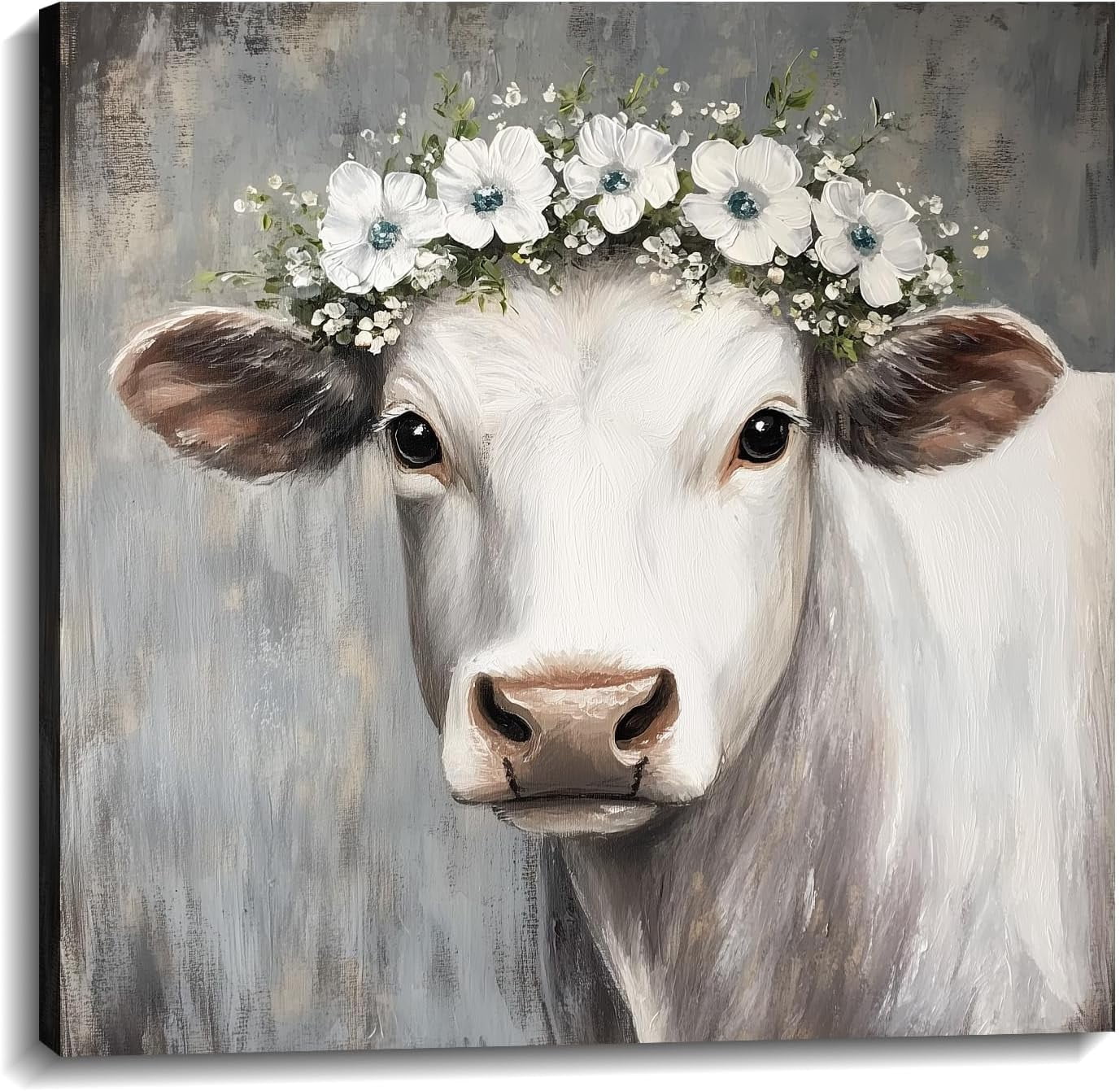 AVOI Cow Wall Decor Canvas Wall Art White Cow with Flower Picture ...
