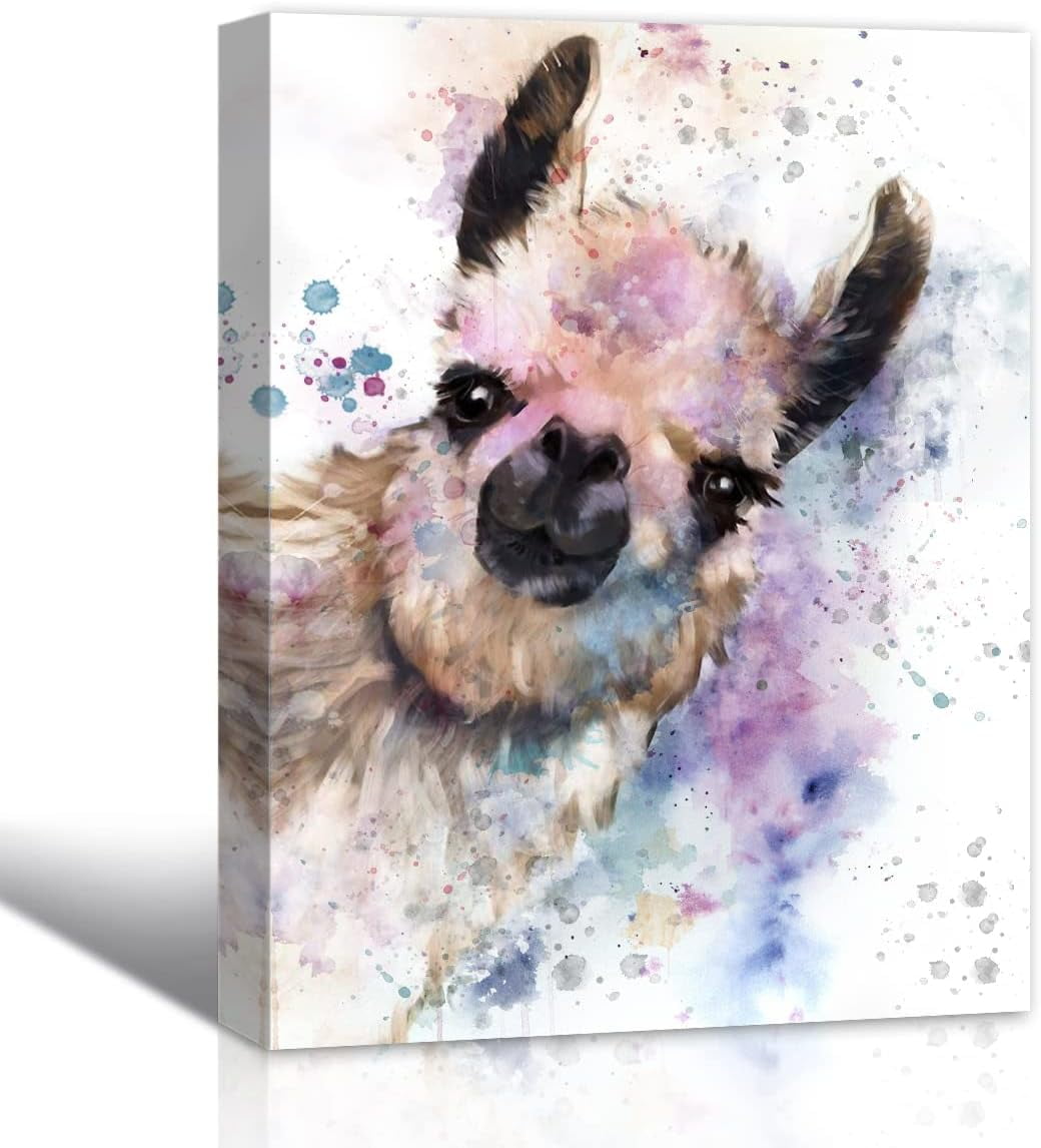 AEFER Cute Alpaca Portrait Wall Art Canvas Prints, Watercolor Animals Splatter and Splotches ...
