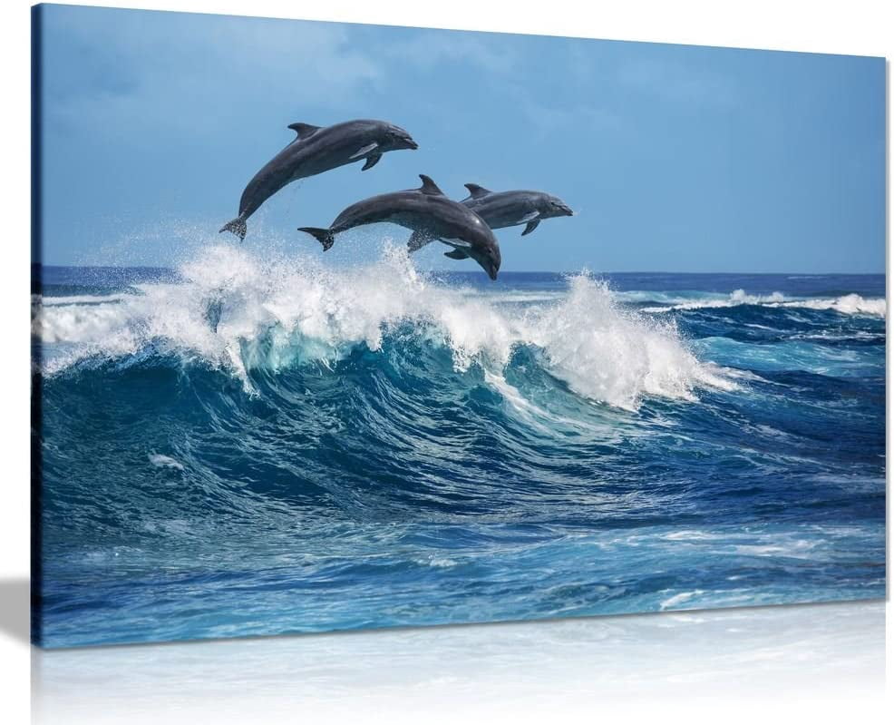 AVOI Dolphins Jumping Over Blue Waves Ocean Wildlife Canvas Wall Art ...