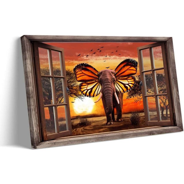 AVOI Elephant Wall Art Butterfly Ears Decor Prints Framed Sunset ...