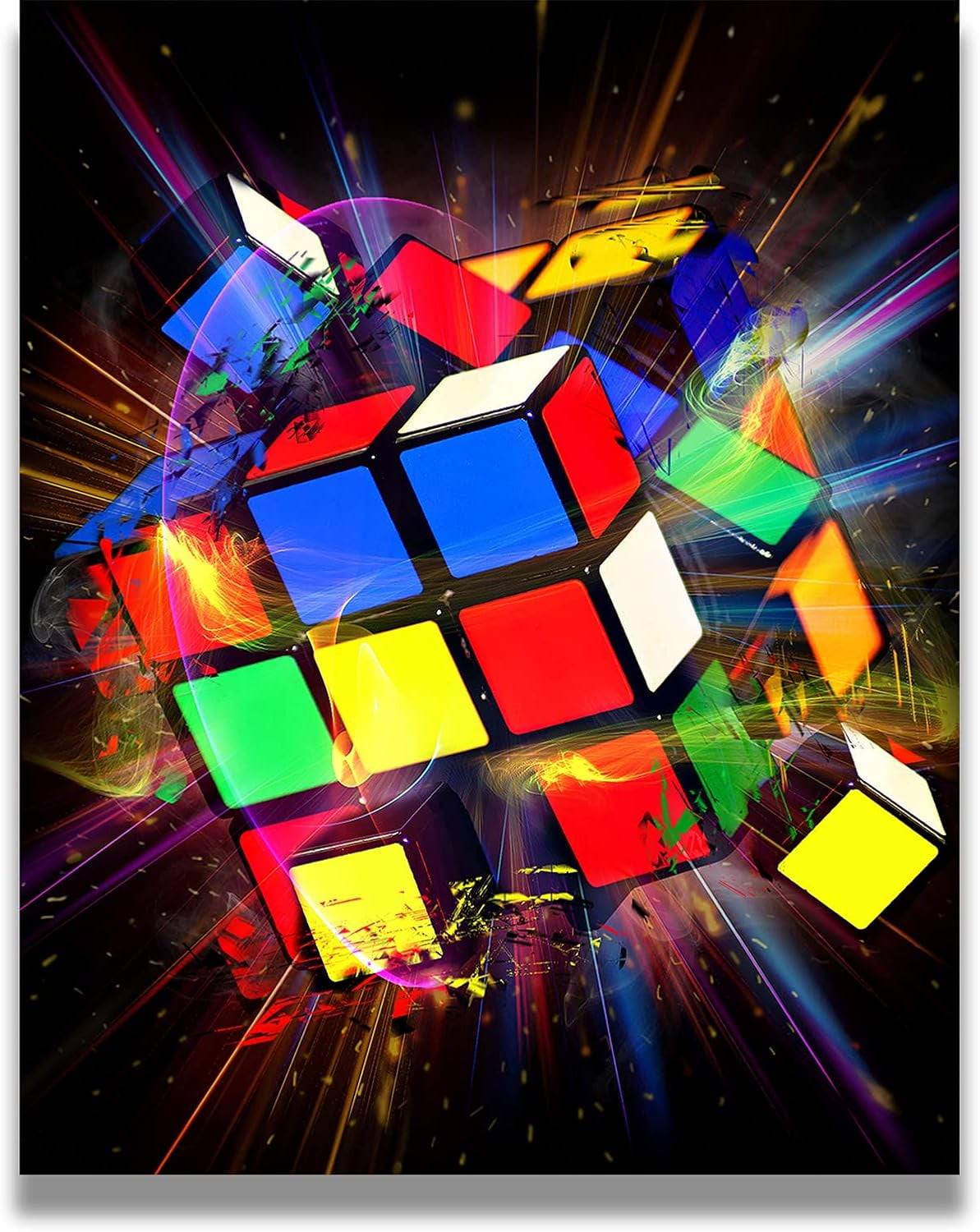 AVOI Exploding Rubik's Cube - Wall Art Decor Print with a black background artwork printed on ...