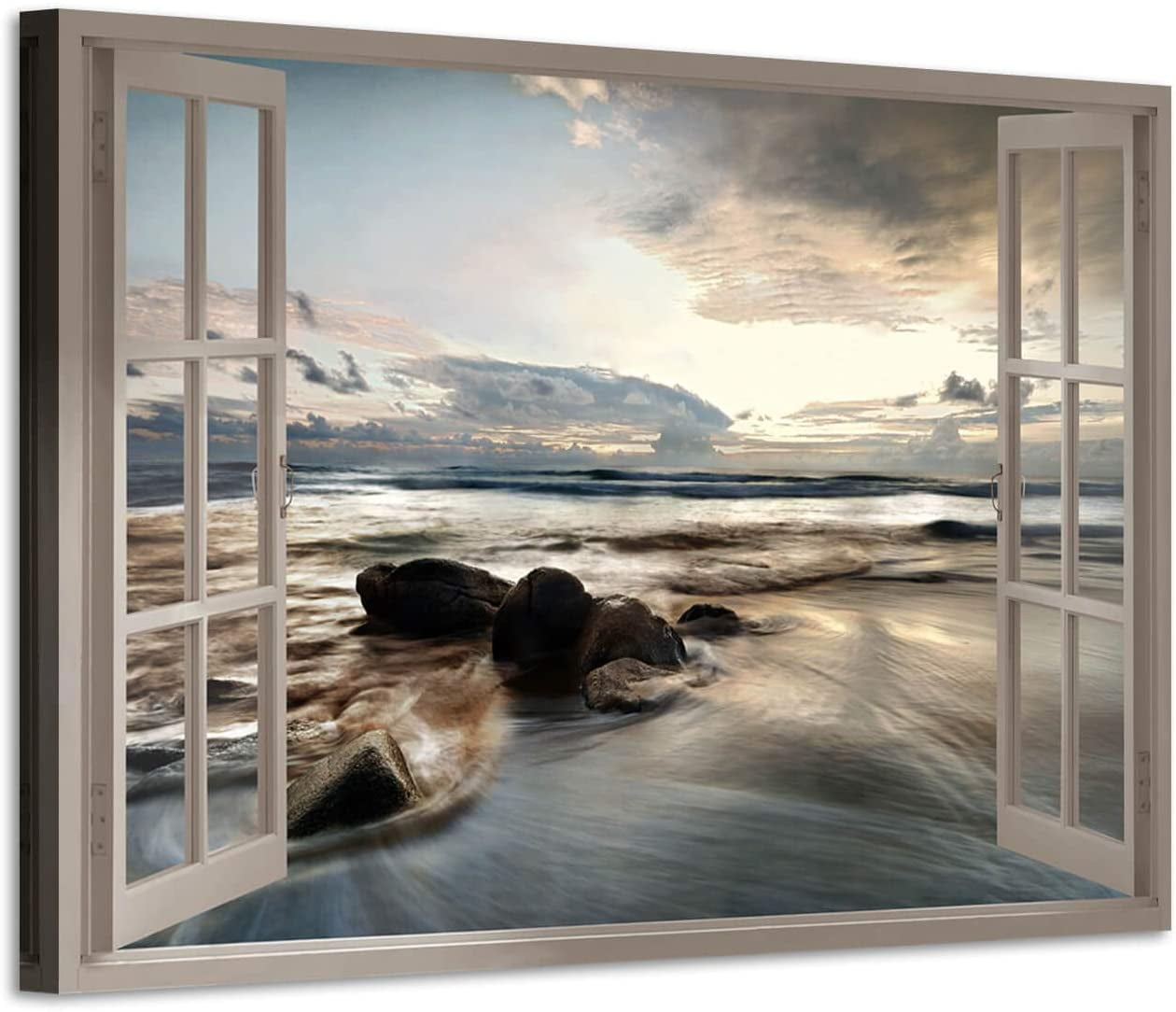 AVOI Fake Window Canvas Wall Art: Open Window View Rocky Beach with ...