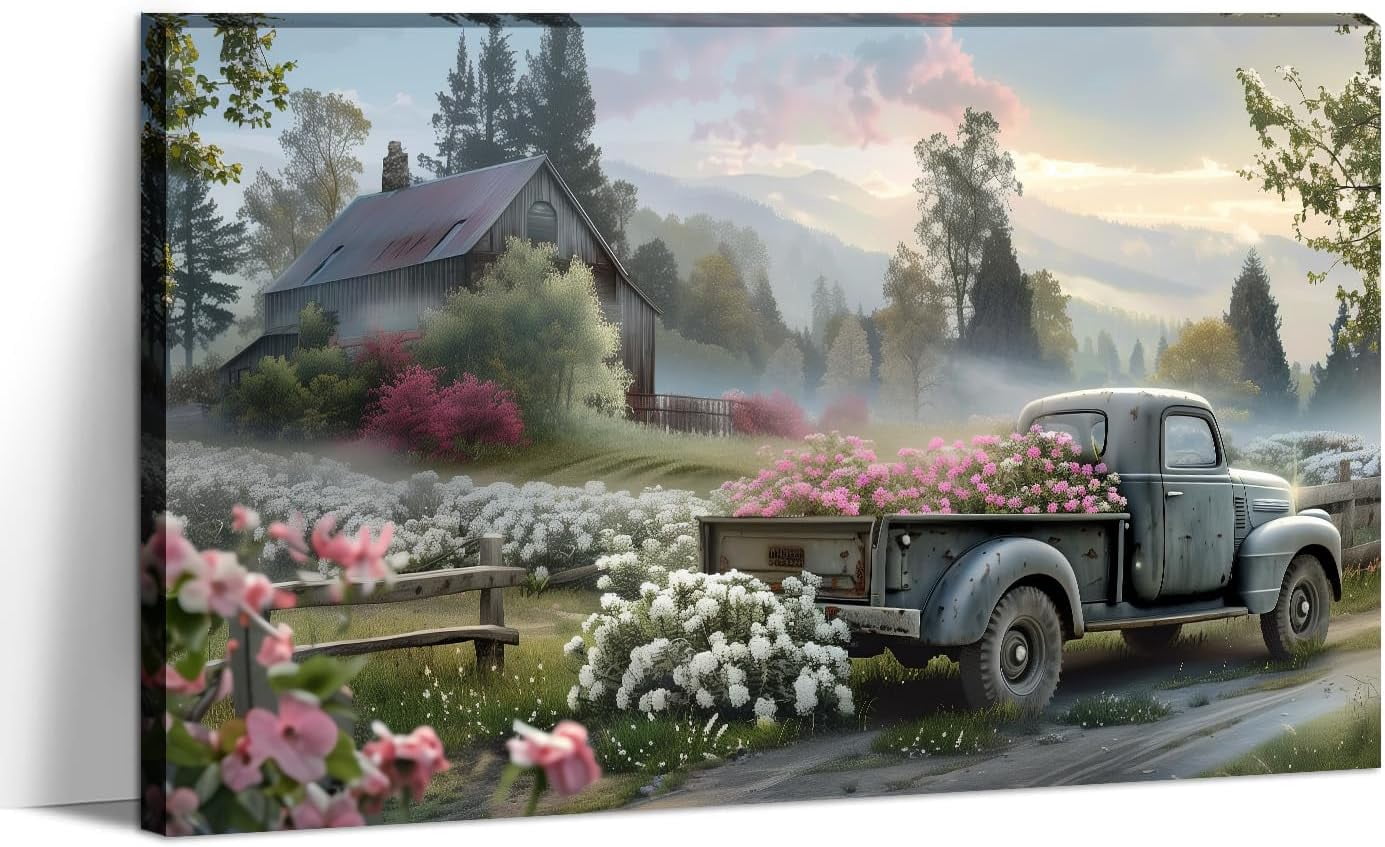 AVOI Farmhouse Canvas Wall Art Old Barn with Truck Picture Rustic Farm ...
