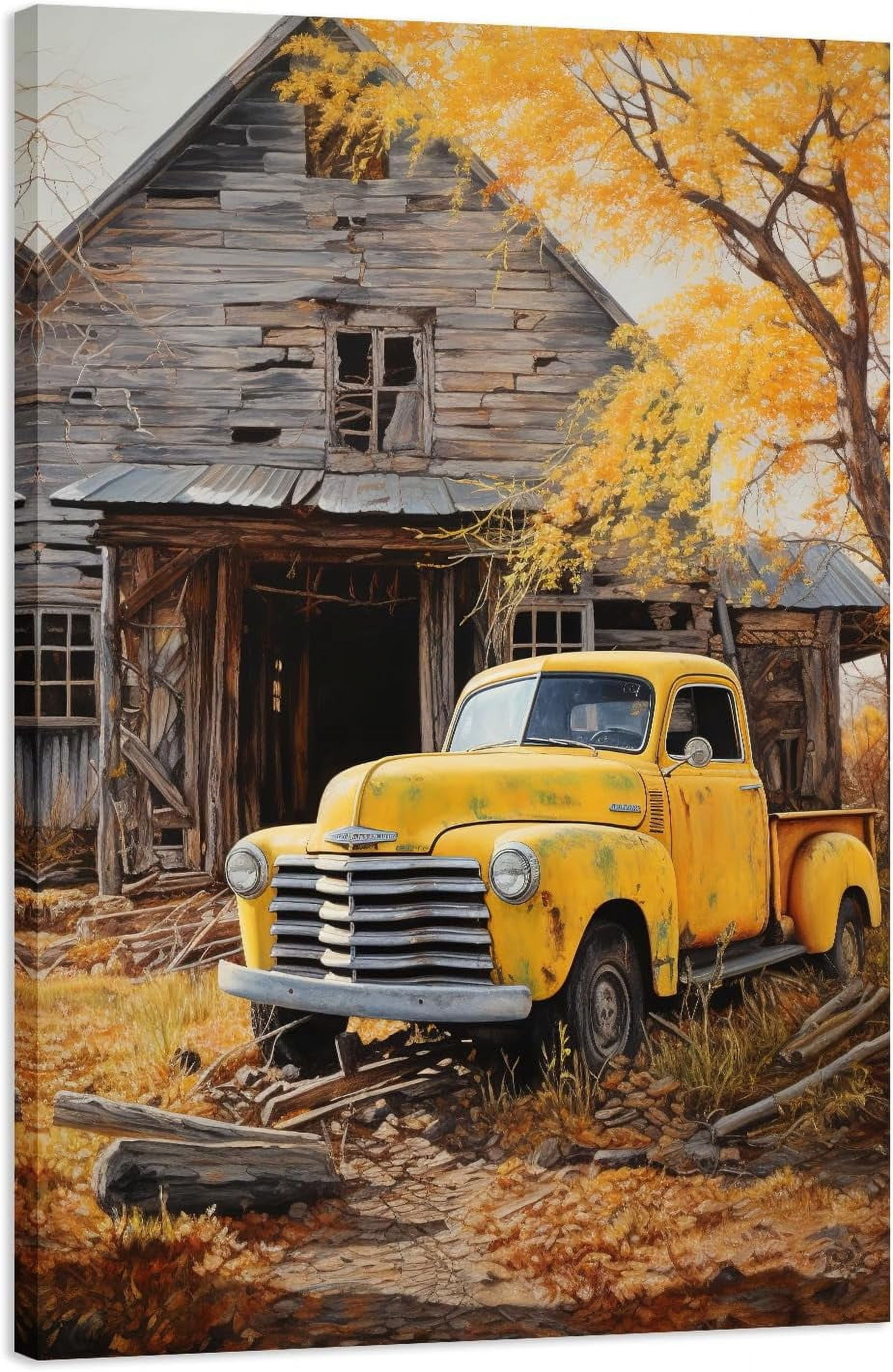 AVOI Farmhouse Canvas Wall Art, Old Farmhouse Barn with Old-Fashioned Yellow Pick-Up Truck ...