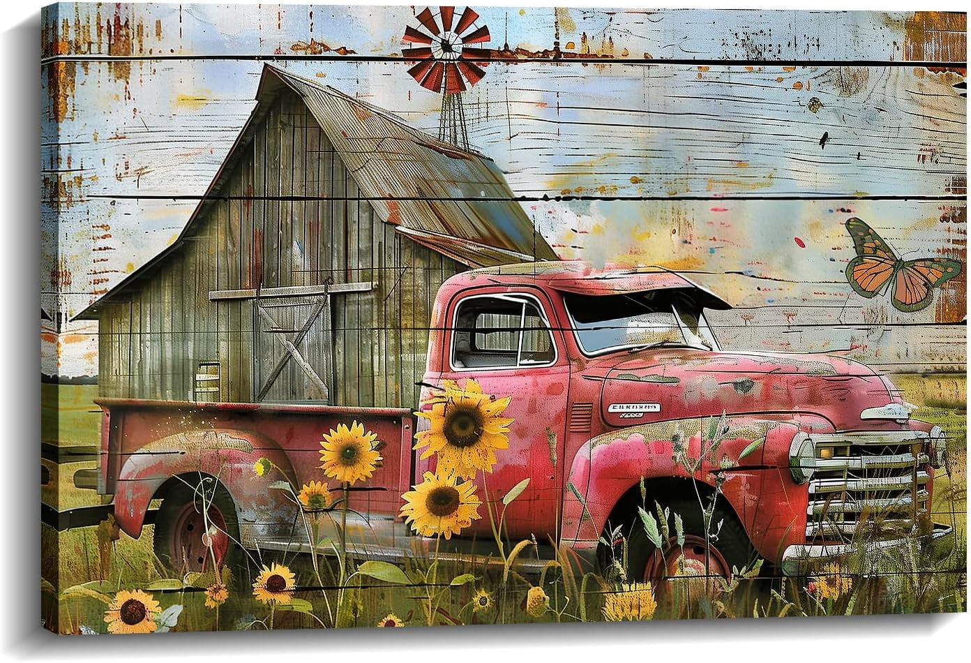 AVOI Farmhouse Canvas Wall Art Red Truck with Old Barn Picture Vintage ...