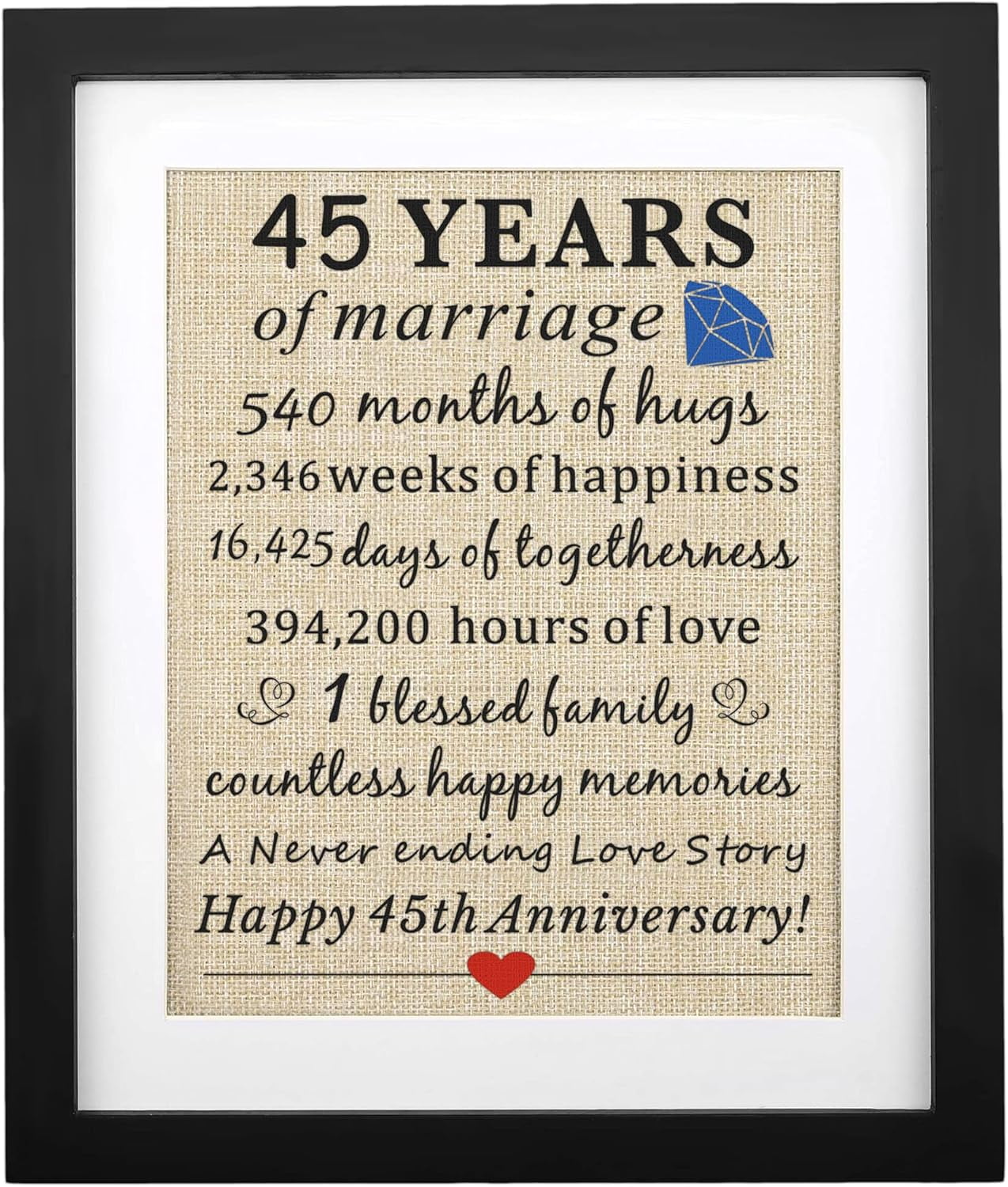 AVOI Framed 45 Years of Marriage Burlap Print 11" W X 13" H, 45th ...
