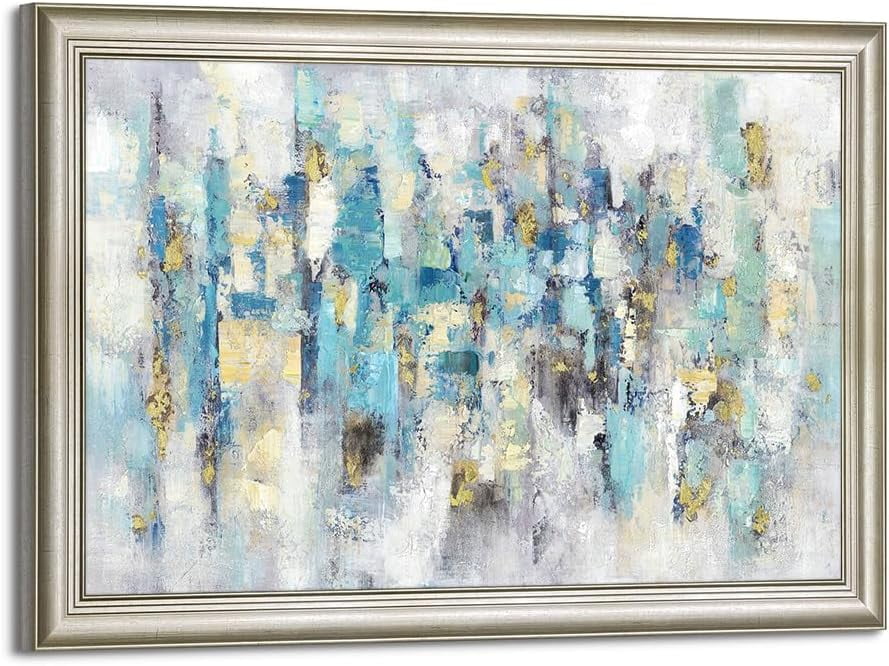 AVOI Framed Abstract Canvas Wall Art: Modern Blue Gray Painting Hand ...