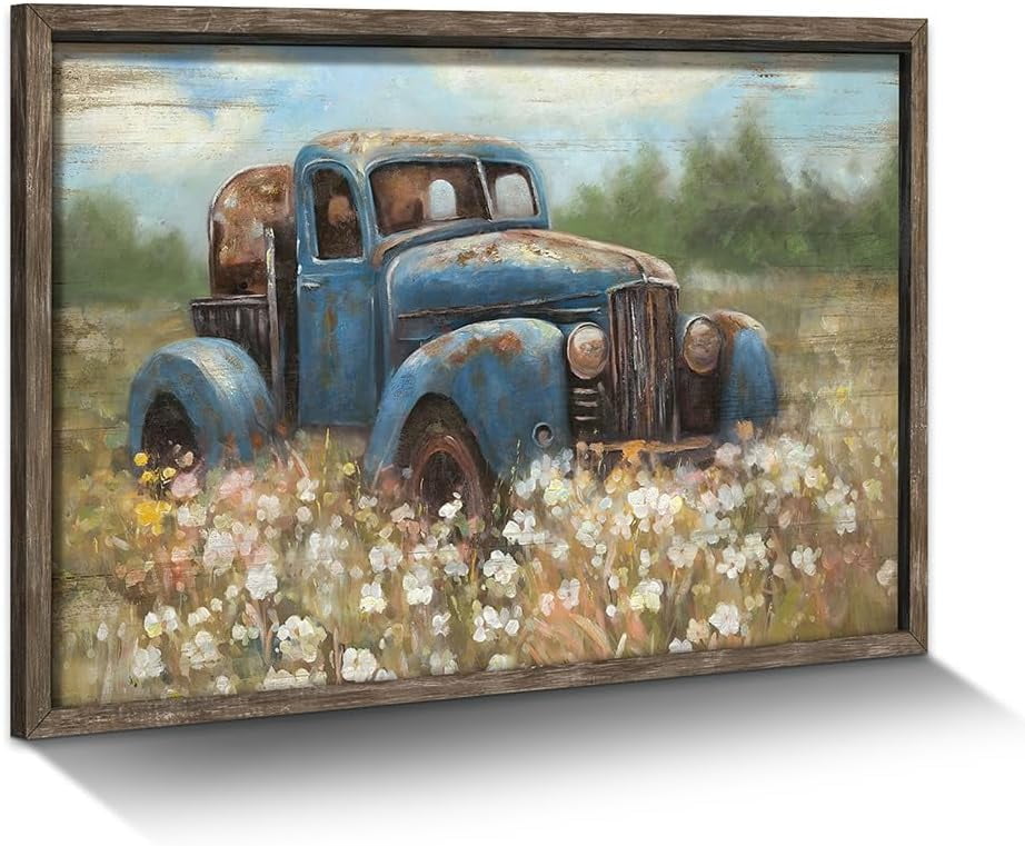 AVOI Framed Old Truck Wall Art: Vintage Country Wood Landscape Artwork ...