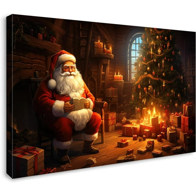 AVOI Framed Vintage Christmas Canvas Wall Art Smiling Santa Claus Reading Book By Fireplace ...