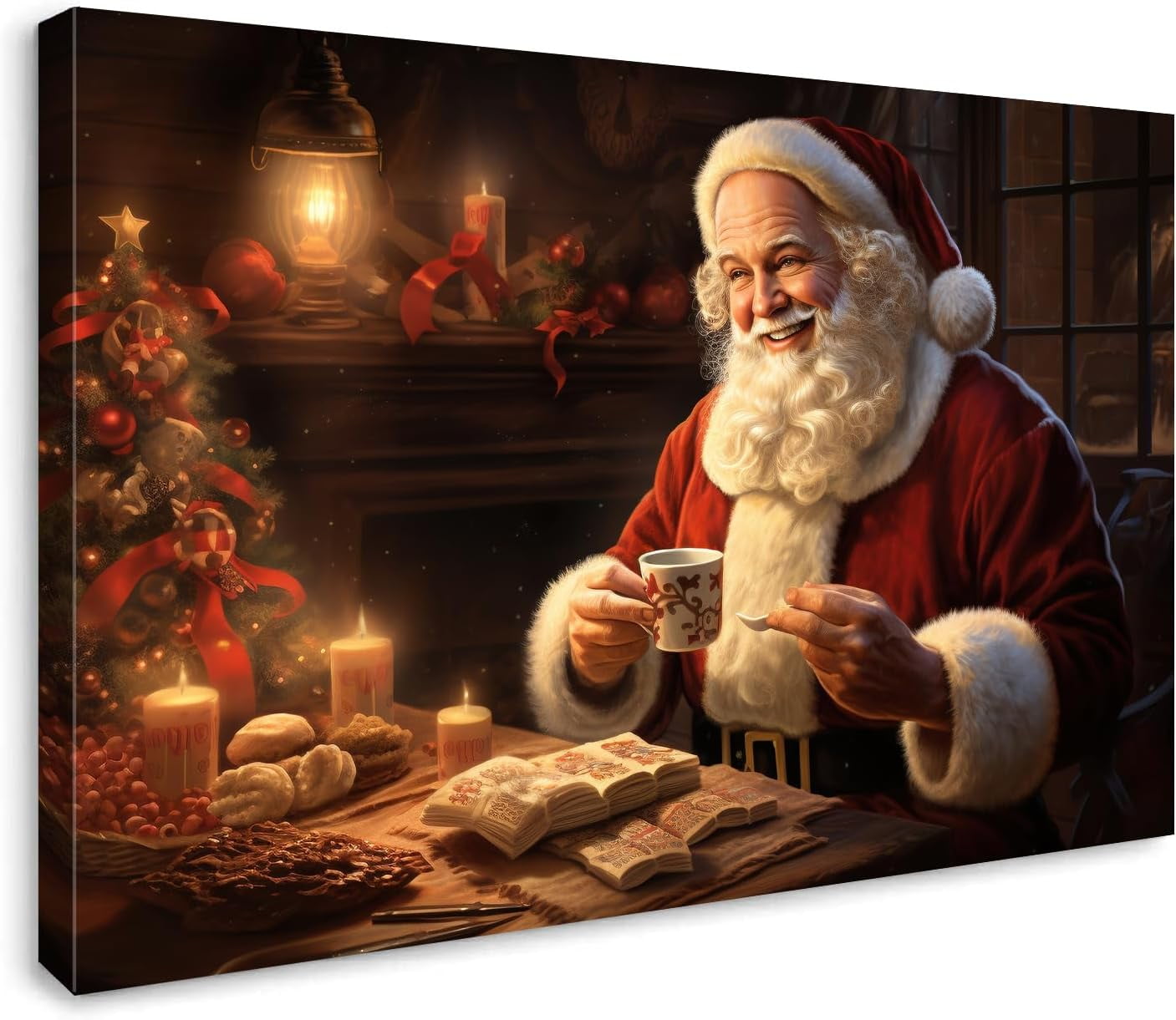AVOI Framed Vintage Christmas Canvas Wall Art Smiling Santa Claus Resting With Hot Tea Painting ...