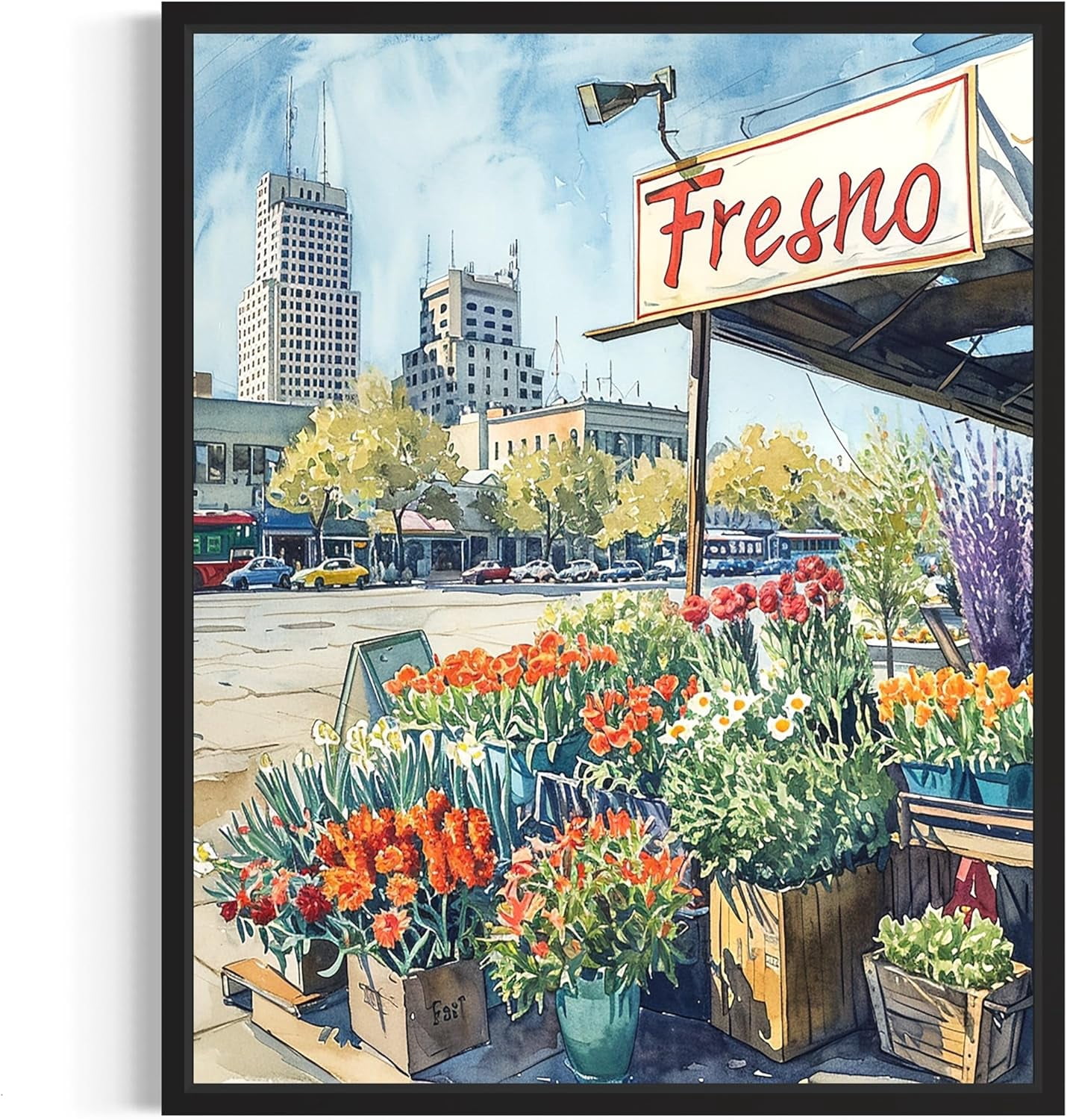AVOI Fresno Flower Market Poster Art print, City Skyline Background ...
