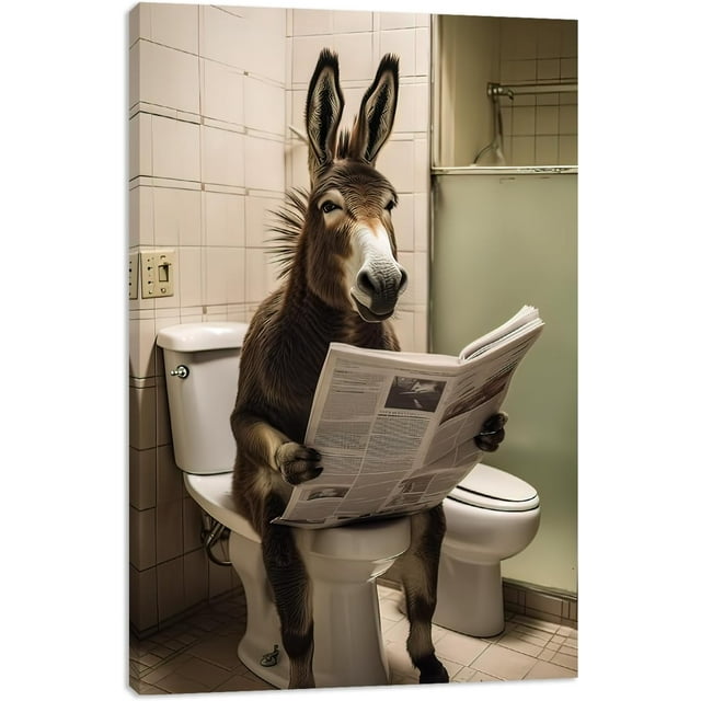 AVOI Funny Donkey Bathroom Canvas Wall Art, Donkey Reading Newspaper on ...