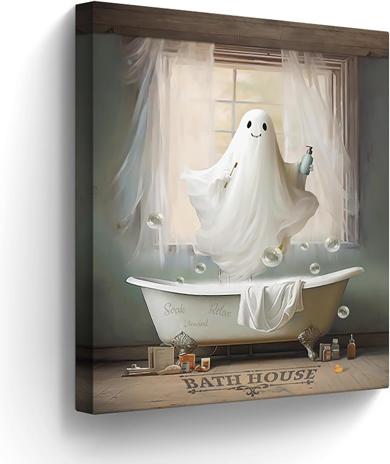 AVOI Funny Ghost Bathroom Canvas Wall Art White Ghost Picture Farmhouse ...