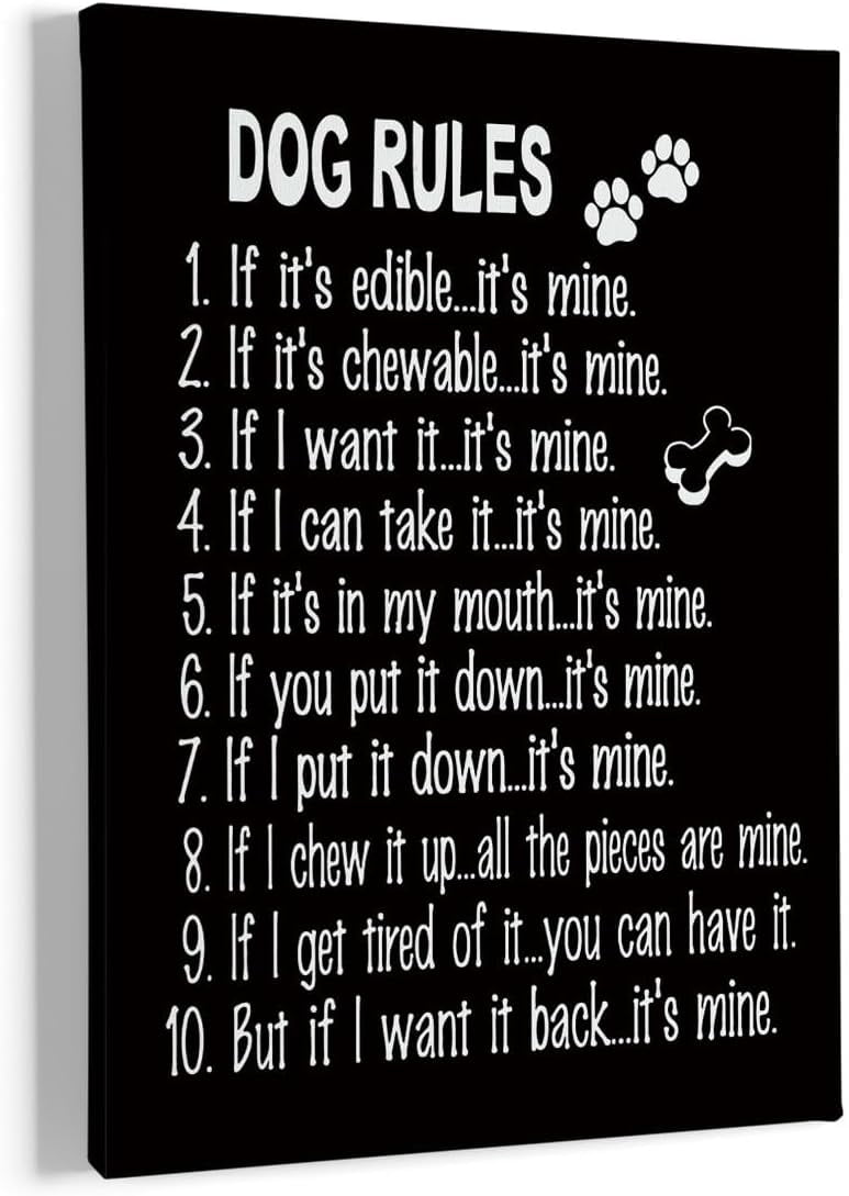 AVOI Funny Quote Dog Rules Framed Canvas Painting Wall Art, Dog Lover ...