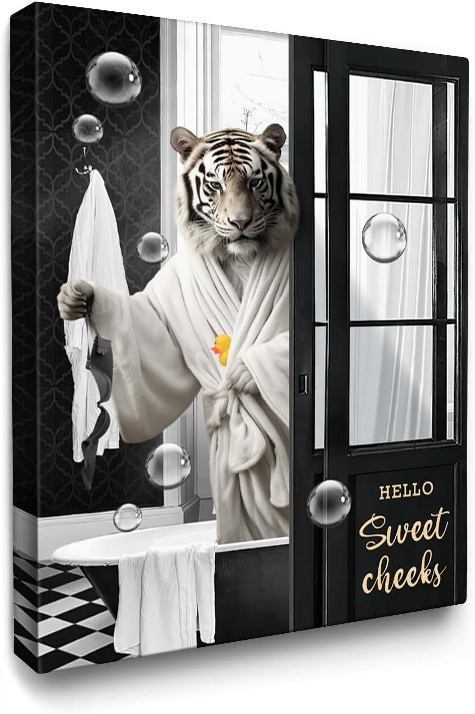 AVOI Funny Tiger Wall Art-Cute Tigers in Bathtub Painting, Black and White Bathroom Animals ...