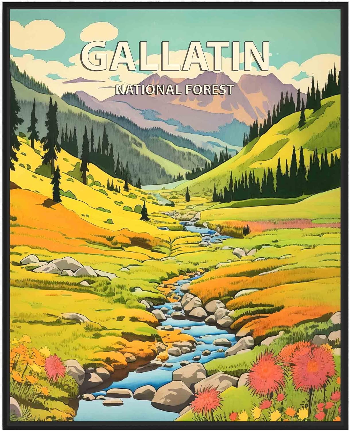 AVOI Gallatin National Forest Poster Art Print Retro Mountain Wall Art ...