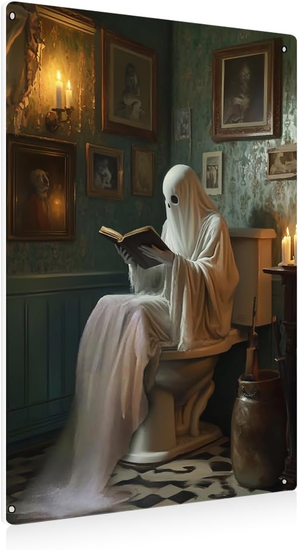 AVOI Ghost Decor Halloween Sign Ghost on Toilet Metal Tin Sign Scream ...