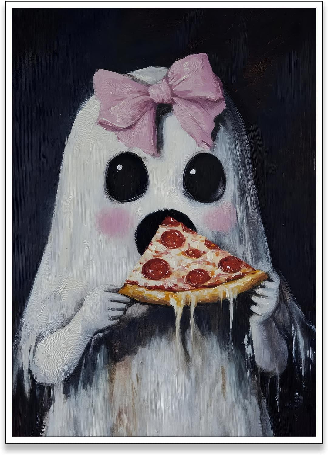 AVOI Ghost Wall Art Cute Ghost with Pink Bow Eating Pizza Prints Gothic ...