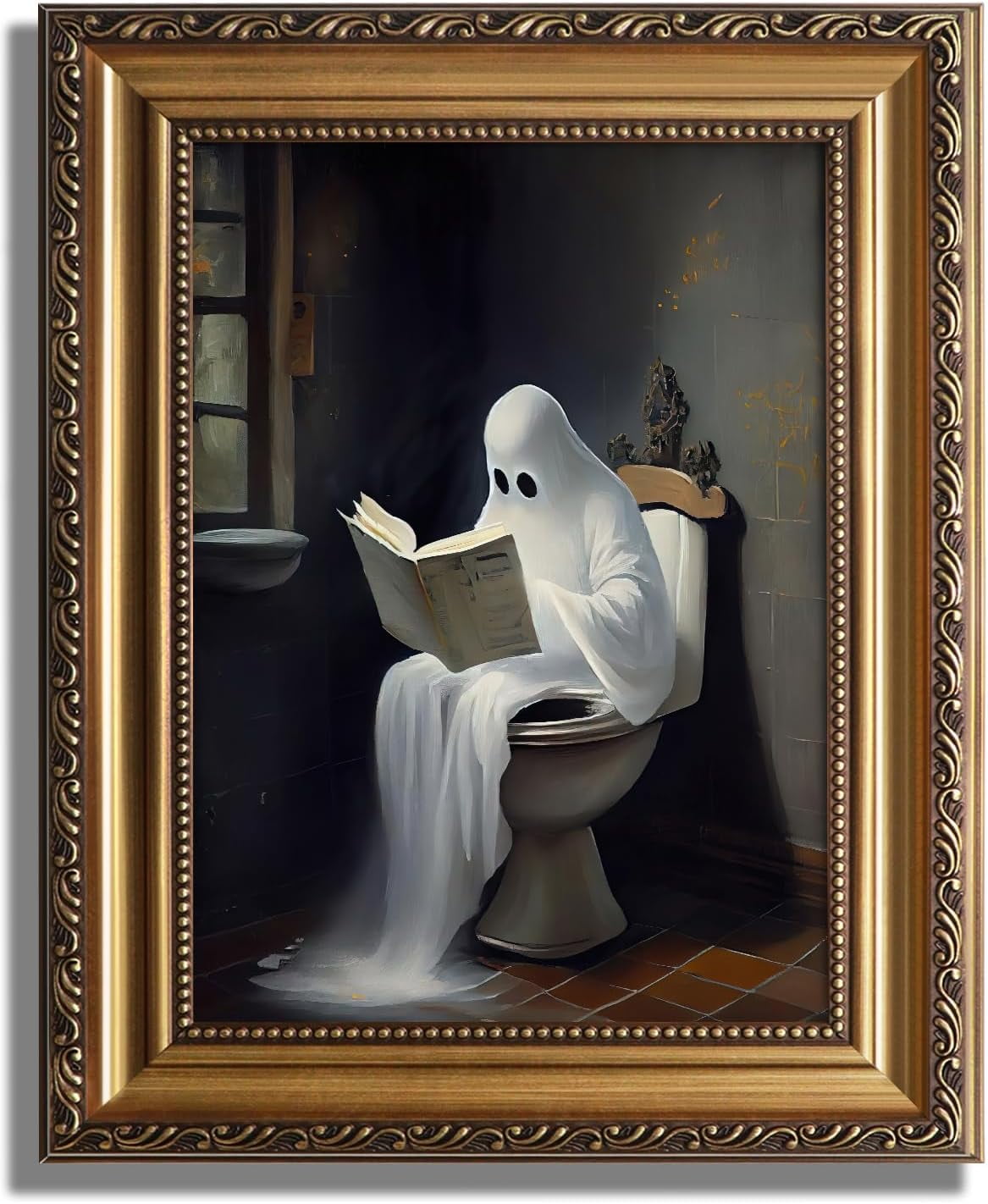 AVOI Gold Framed Canvas Wall Art, Vintage Cute Ghost on Toilet Reading ...