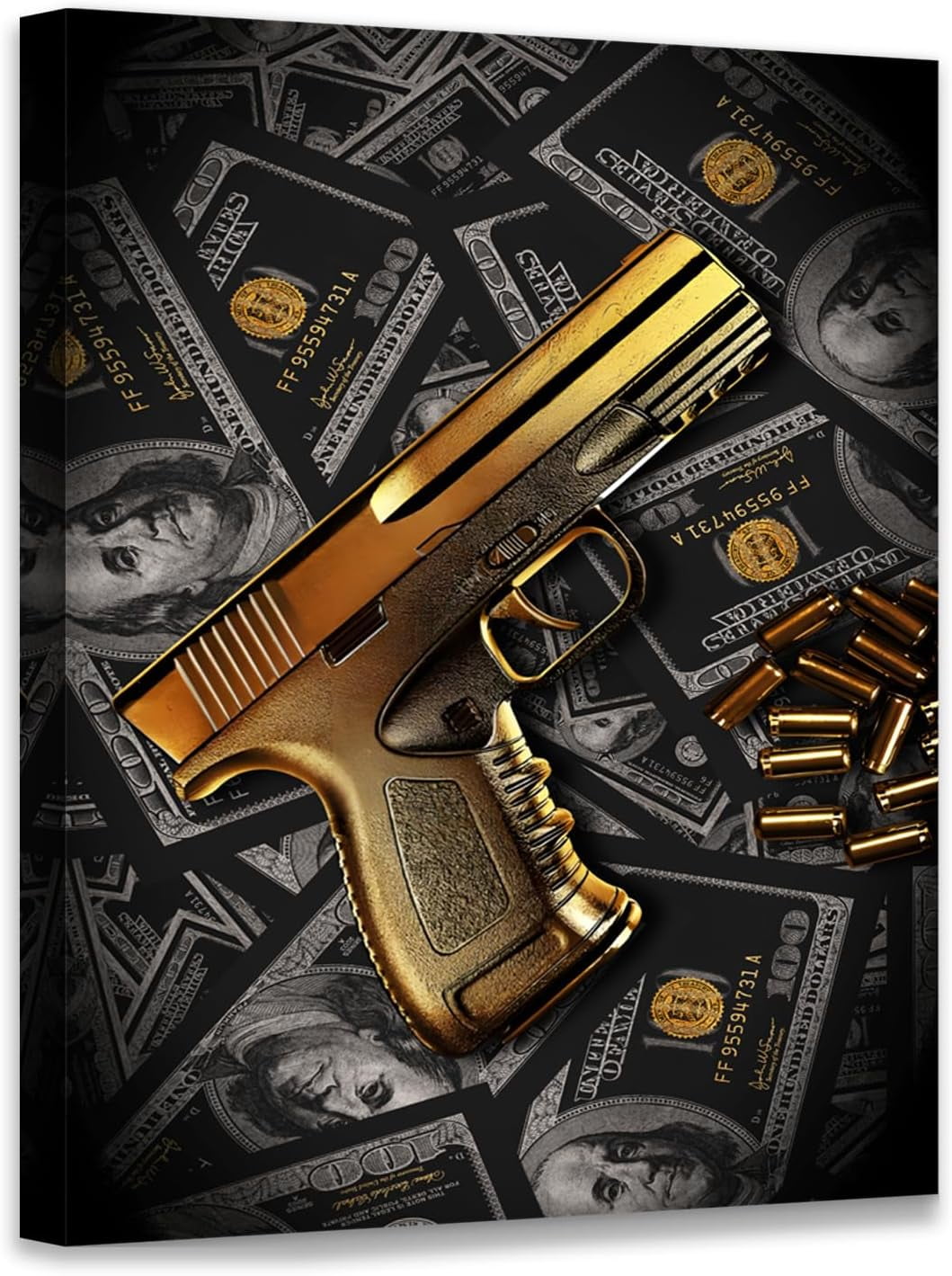 AVOI Gold Gun Dollar Wall Art Money Canvas Wall Art 100 Bill Dollar ...