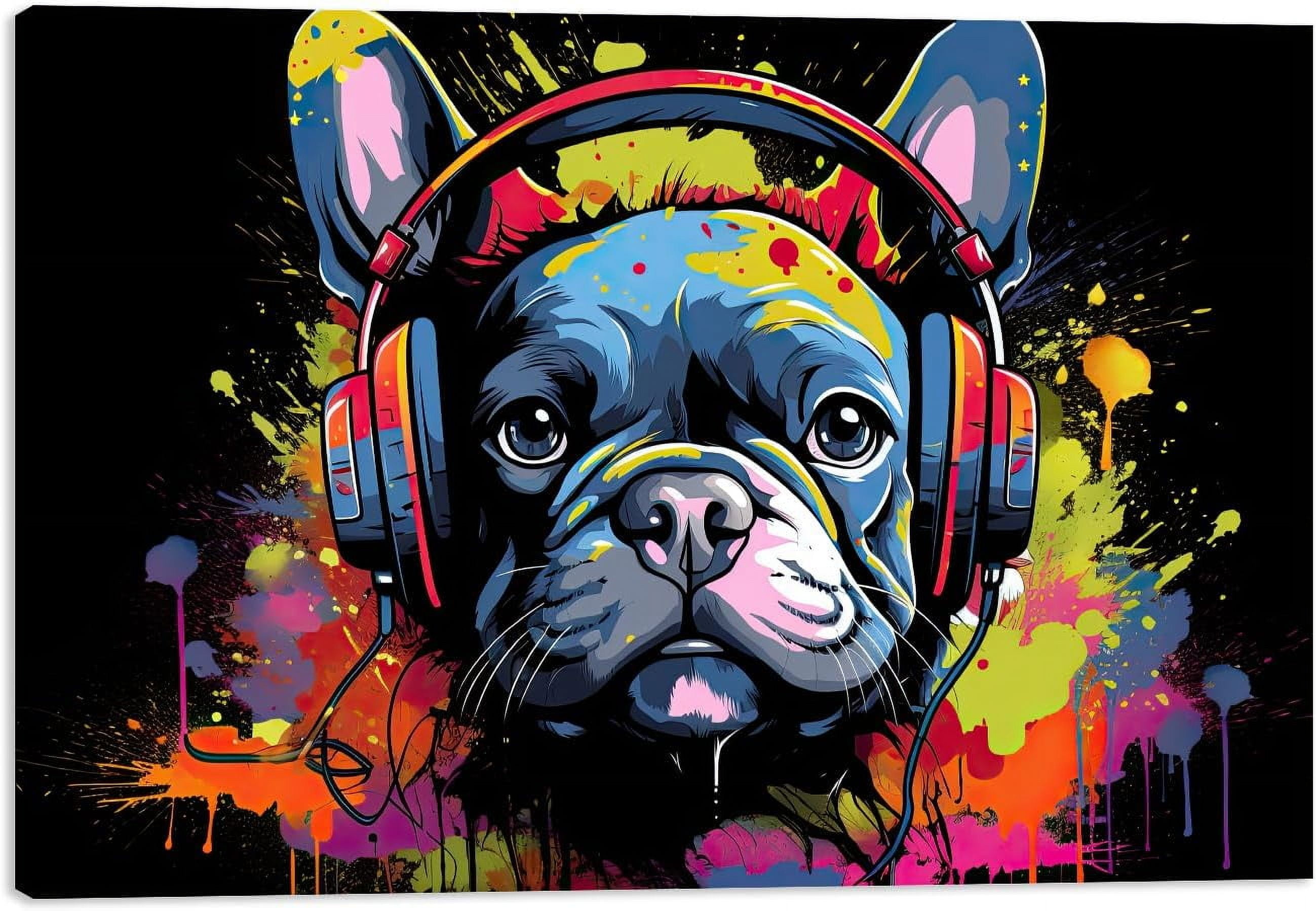 AEFER Graffiti Canvas Wall Art, Bulldog with Headphones Poster Print ...