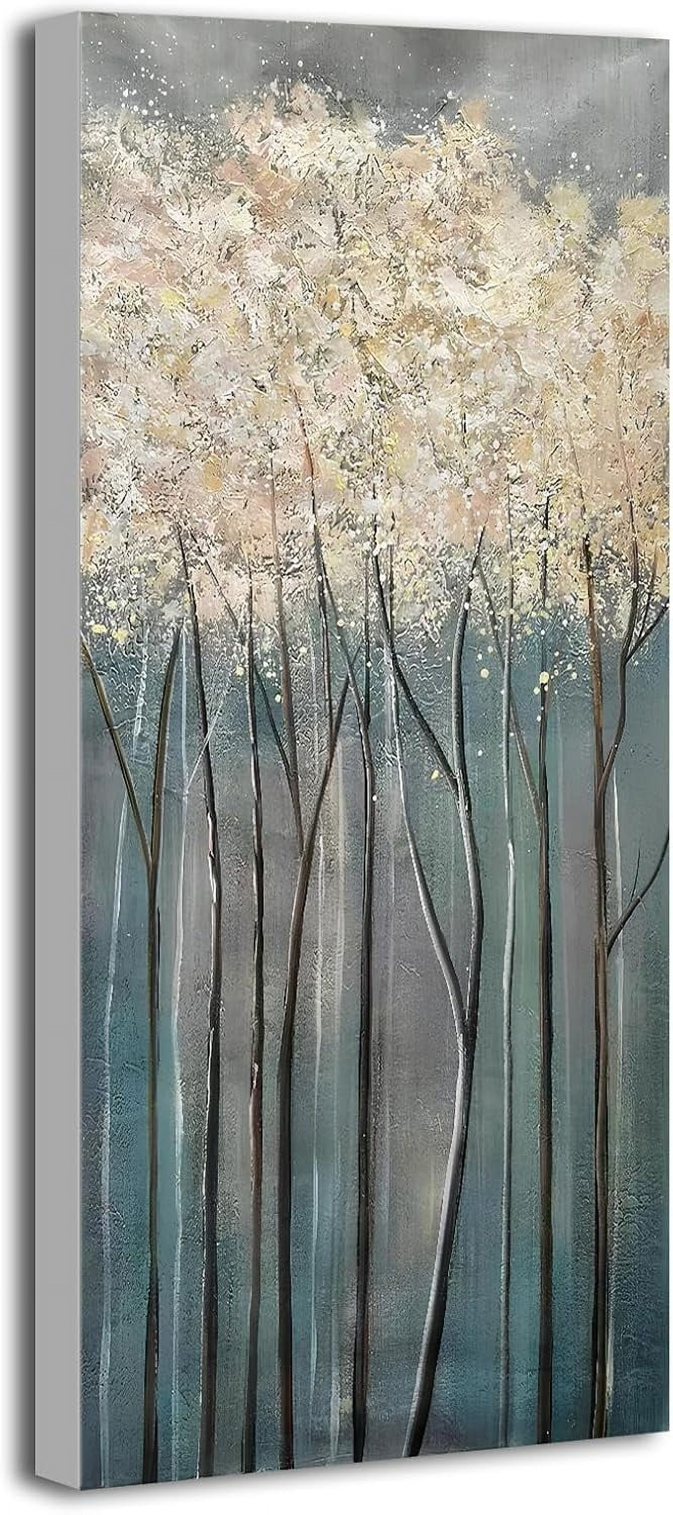 AVOI Hand Painted Forest Wall Art Teal Forest Painting Beige Birch Tree ...